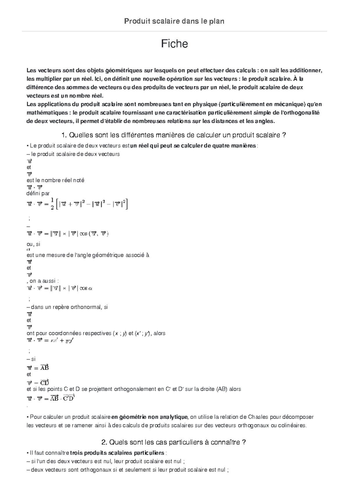 mathematiques produit scalaire dans le plan - Fiche Les vecteurs sont ...