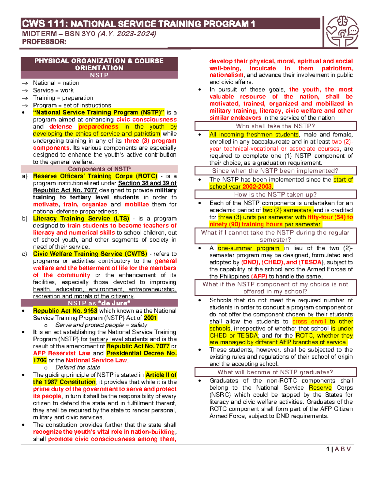NSTP 1 (Midterm) - CWS 111 : NATIONAL SERVICE TRAINING PROGRAM 1 MIDTERM – BSN 3Y 0 (A. 202 3 ...