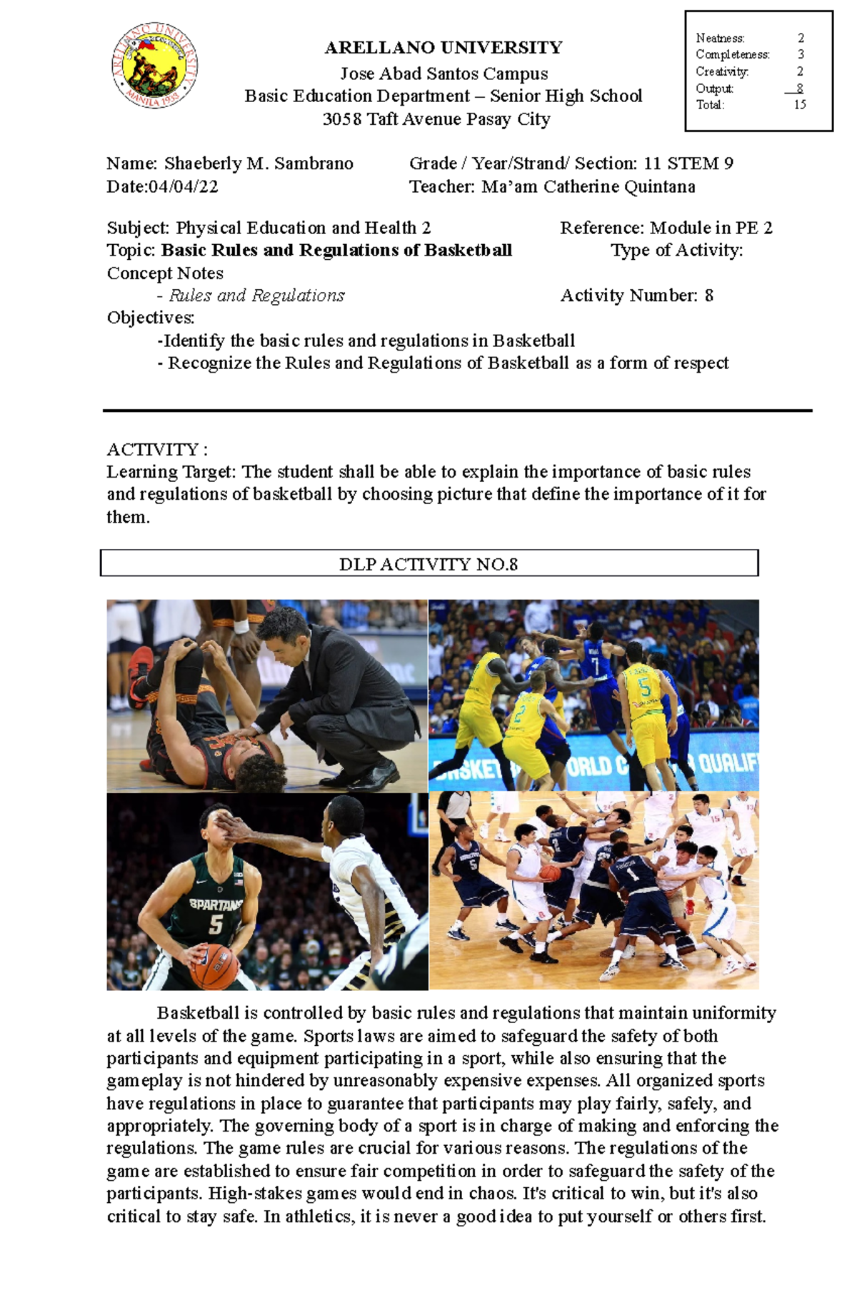 L08 Basic Rules AND Regulation OF Basketball - ARELLANO UNIVERSITY Jose ...