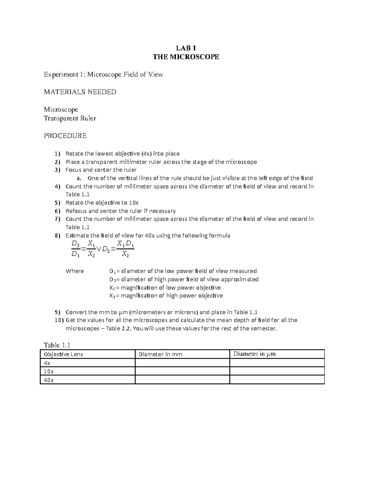 Exercise 1 Microscopy - LAB 1 THE MICROSCOPE Experiment 1: Microscope ...