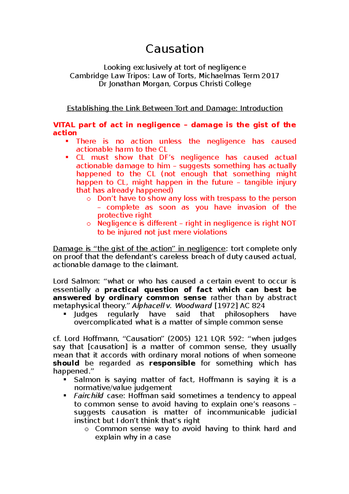 3 Handout Causation 2017 - Causation Looking exclusively at tort of negligence Cambridge Law ...