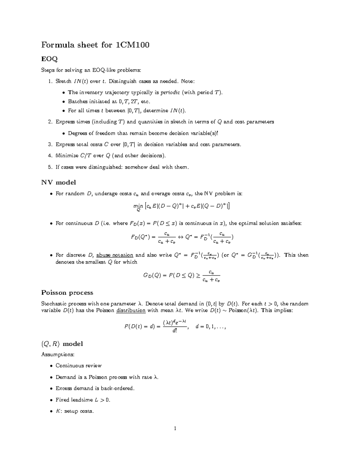 Formula Sheet - Formule blad - Formula sheet for 1CM EOQ Steps for ...