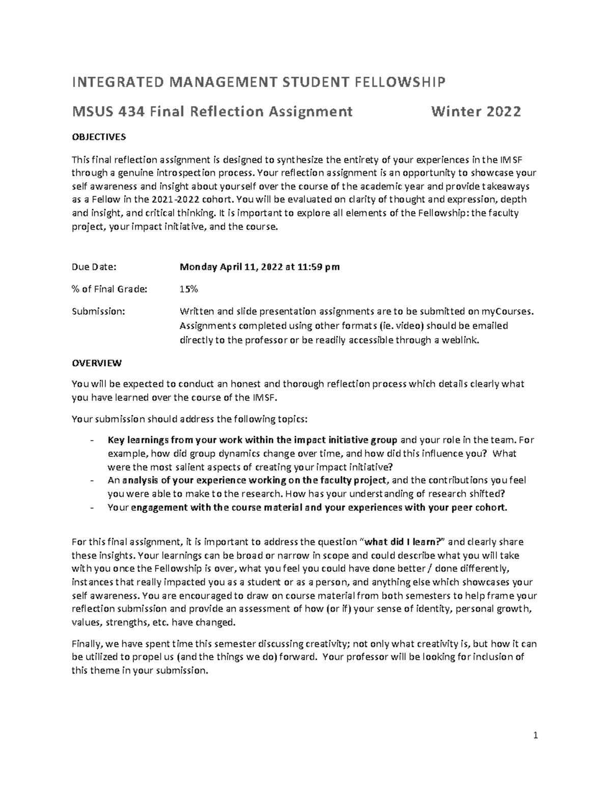MSUS 434 Final Reflection Assignment - Your reflection assignment is an ...