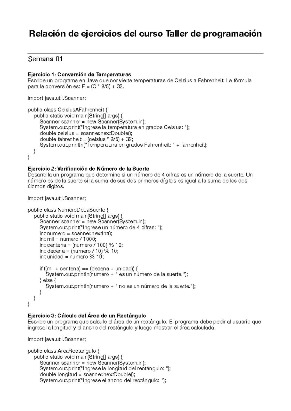 Compendio De Ejercicios Mnkaxg - Relación de ejercicios del curso Taller de programación Semana ...
