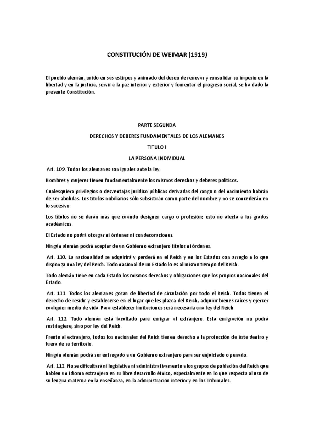 C. Weimar - codificación - CONSTITUCIÓN DE WEIMAR (1919) El pueblo ...