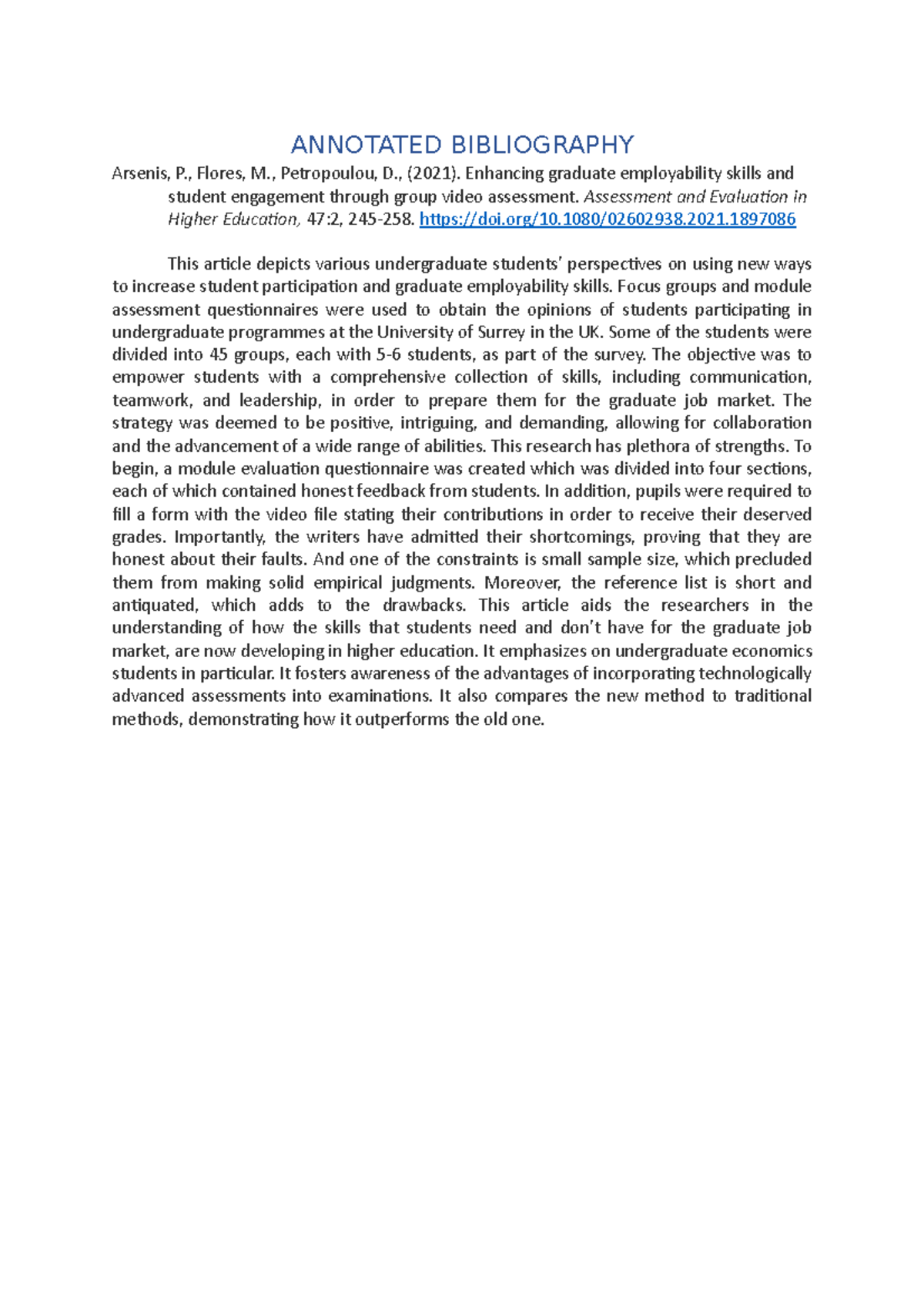 Anotated Bibliography Assessment for green article - ANNOTATED ...