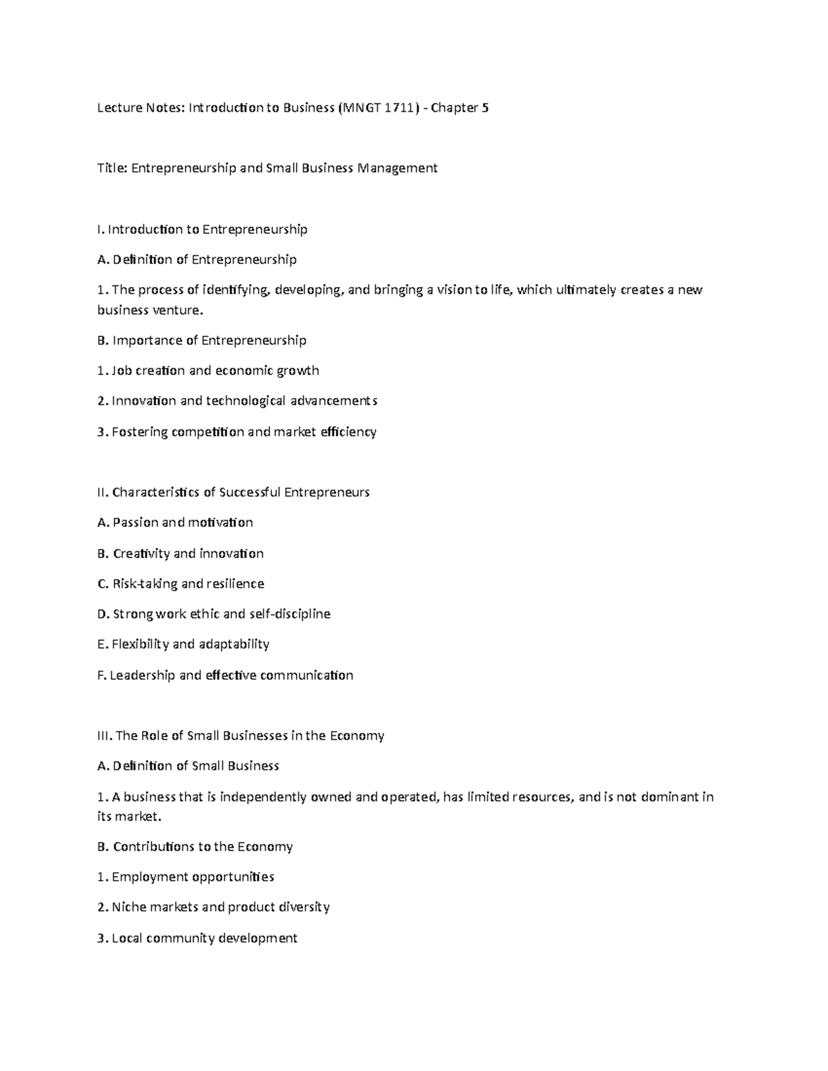 Introduction to bus ch 5 - Lecture Notes: Introduction to Business ...