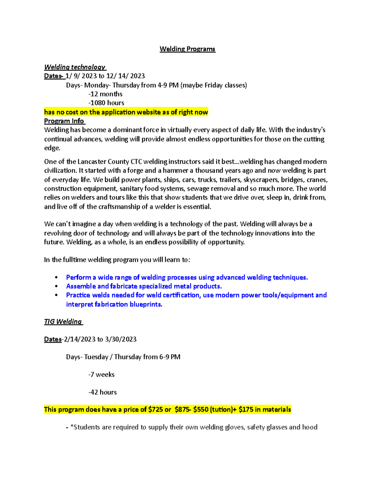 Welding Programs - Welding Programs Welding technology Dates- 1/ 9 ...