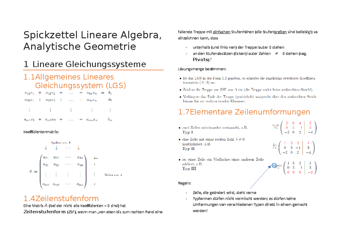 Spickzettel Lineare Algebra - Spickzettel Lineare Algebra, Analytische ...
