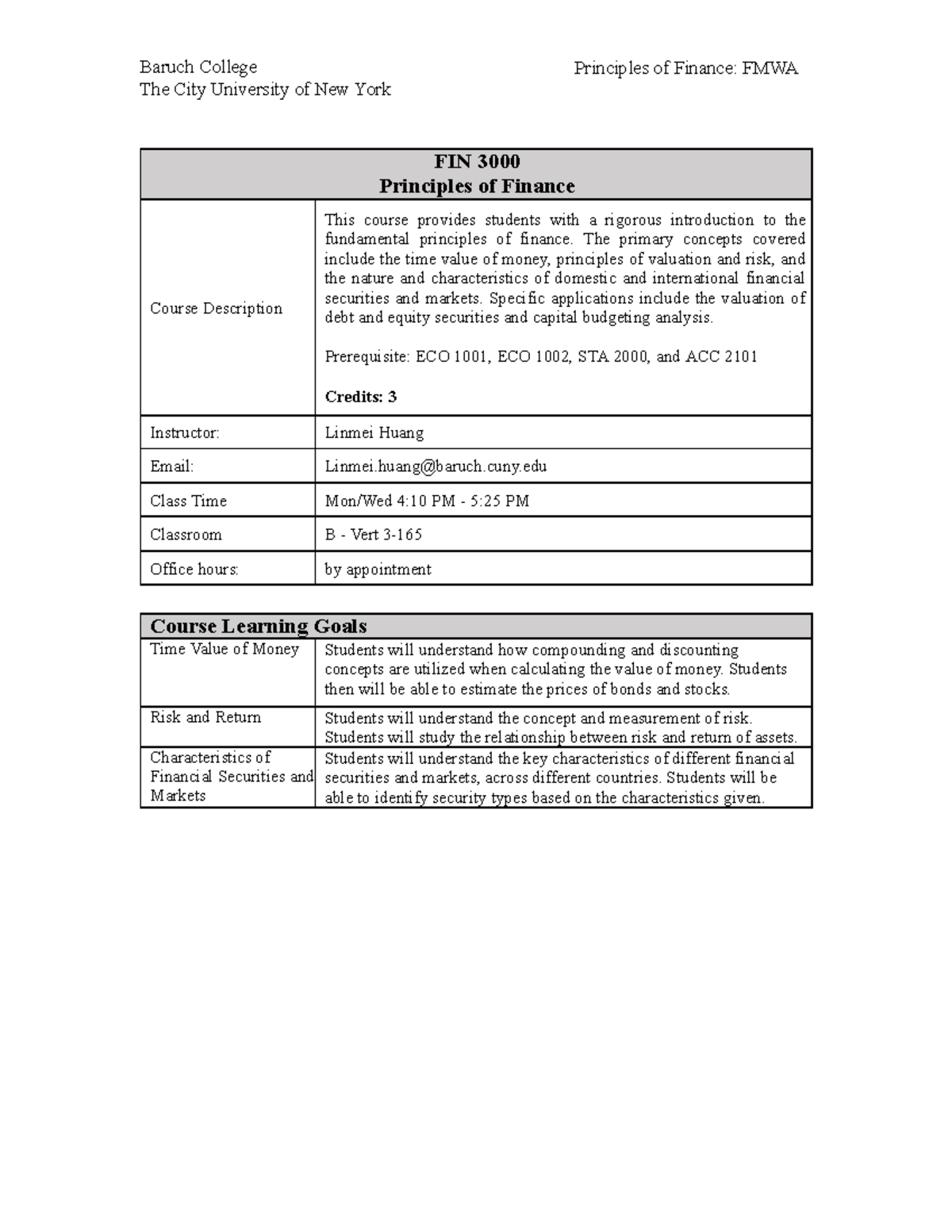 FIN3000 Syllabus Fall 2023FMWA(1) - FIN 3000 Principles of Finance ...