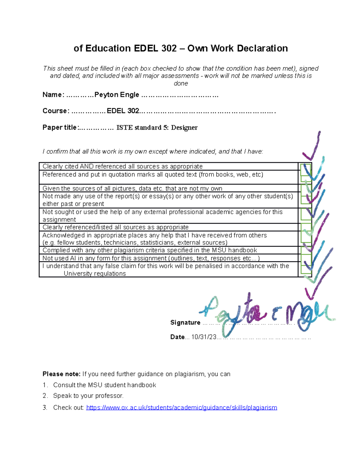 Peyton Engle-EDEL 302-Designer Paper - of Education EDEL 302 – Own Work Declaration This sheet ...