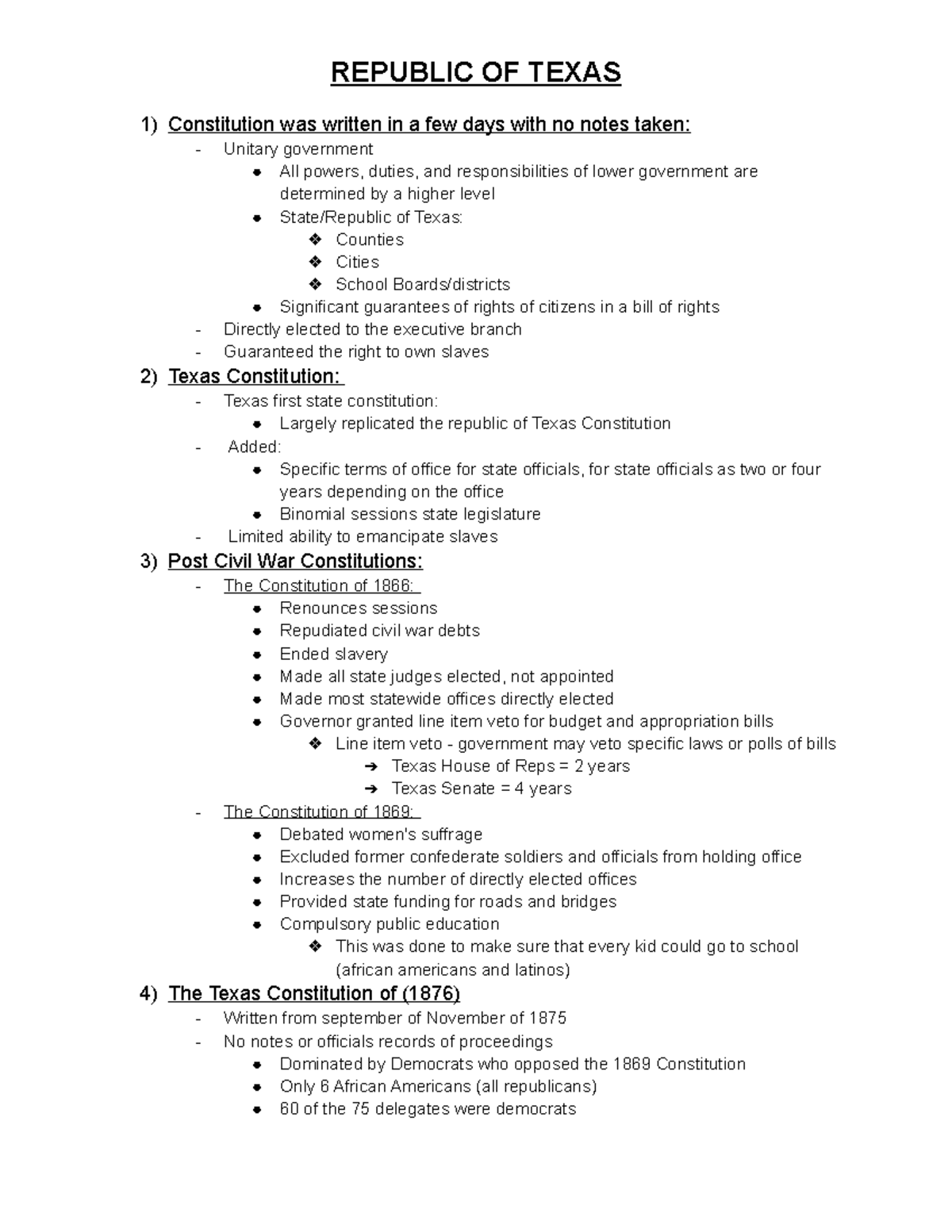 Republic of Texas Notes - REPUBLIC OF TEXAS 1) Constitution was written ...