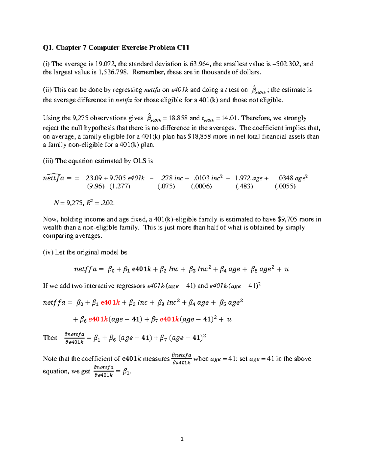 Tutorial 8 2020-21 Sem 2 answer - Q1. Chapter 7 Computer Exercise Problem C (i) The average is ...