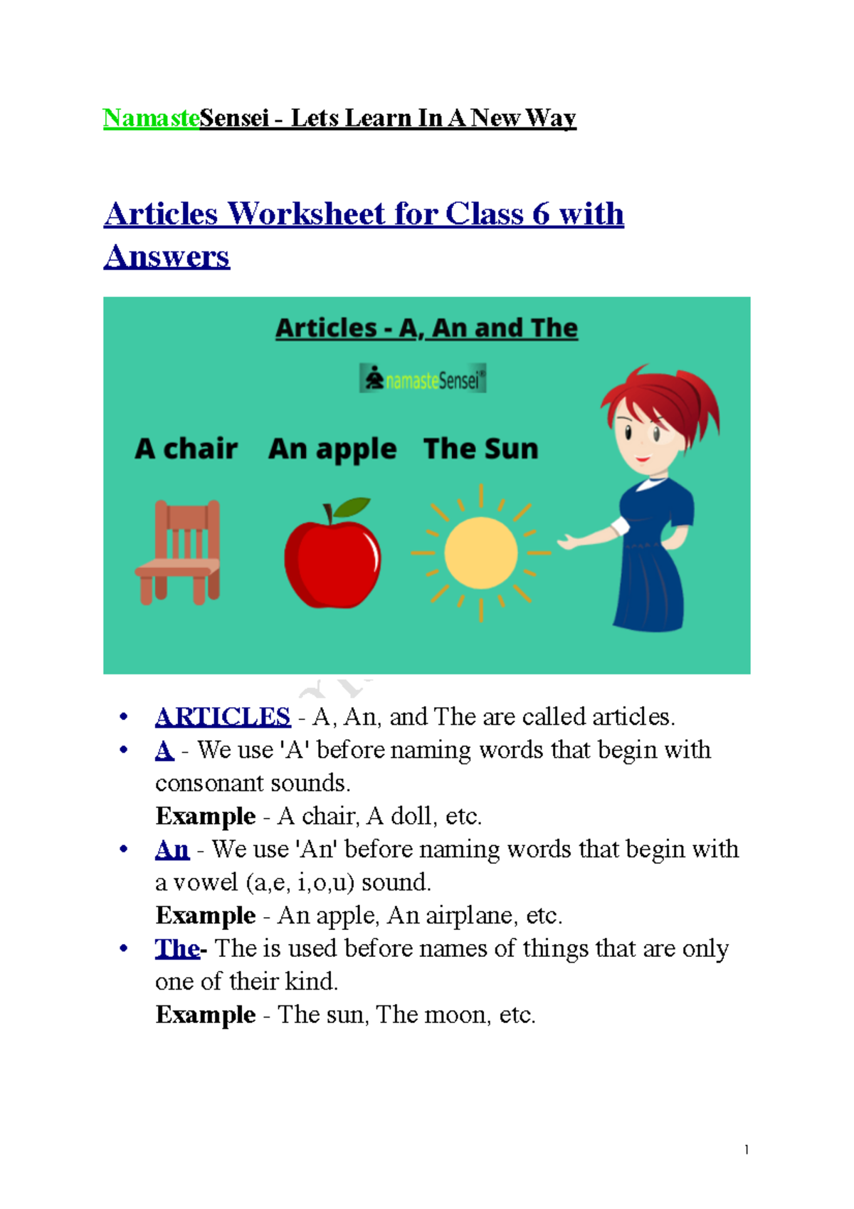 Articles worksheet for class 6 with answers - Namaste Sensei ...