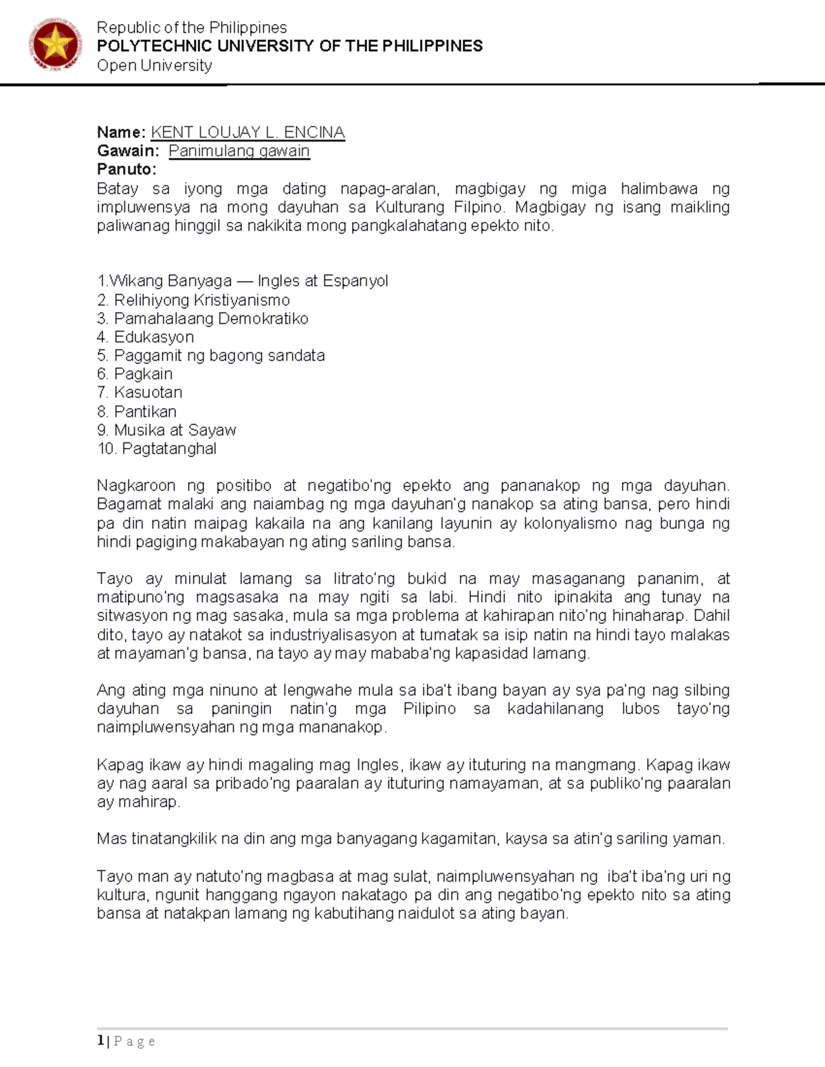 Panimulang Gawain Encina, Kent Loujay - Republic of the Philippines ...