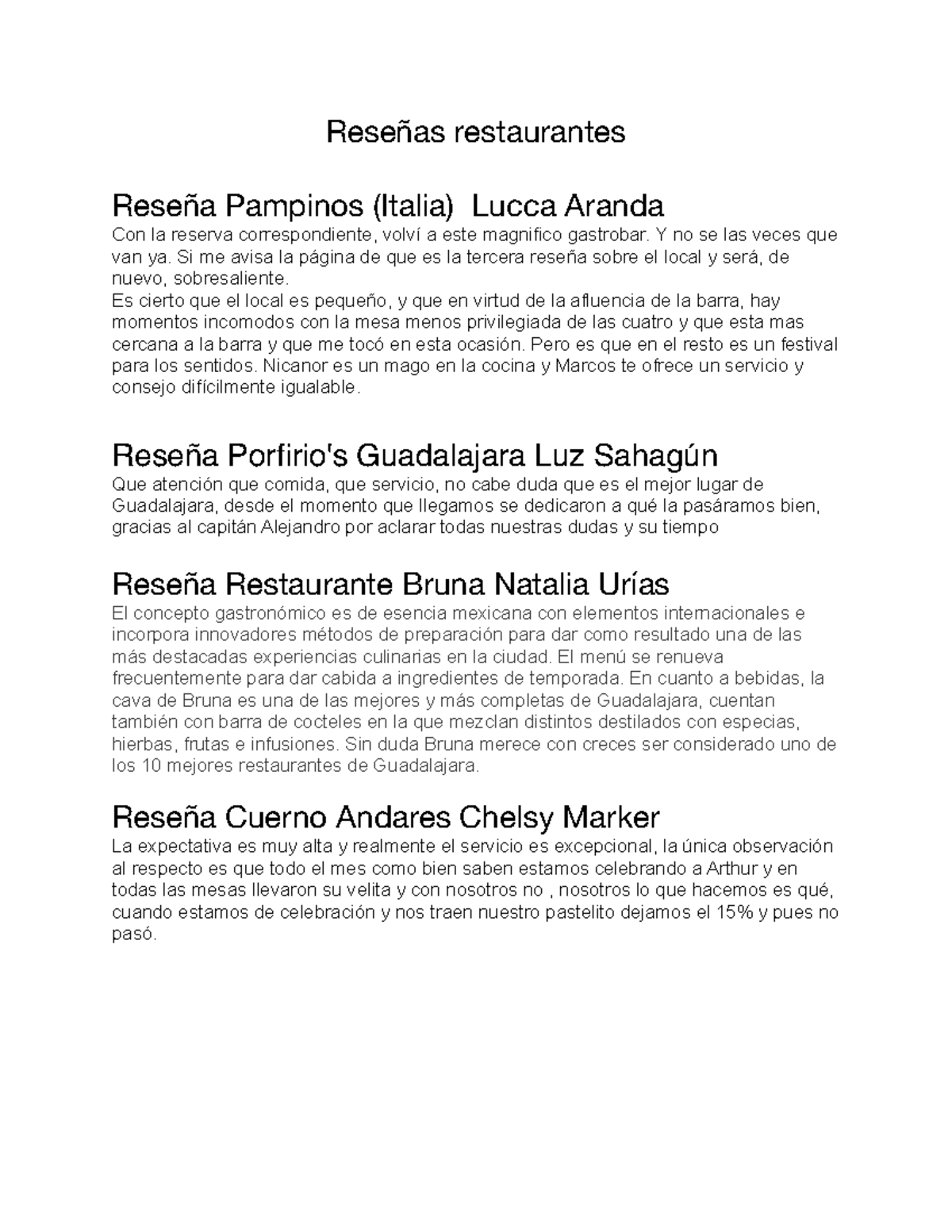 Ejercicio 6 Transformación d ema materia - Reseñas restaurantes Reseña ...