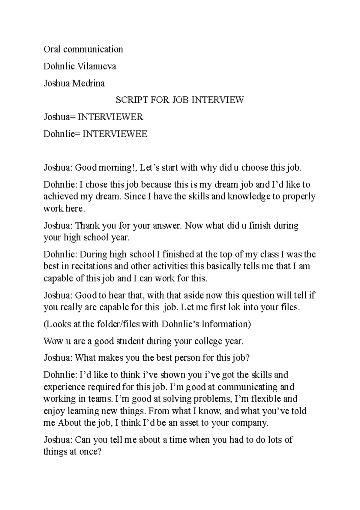 Script for oral com - Gzjajsbsba - Oral communication Dohnlie Vilanueva ...