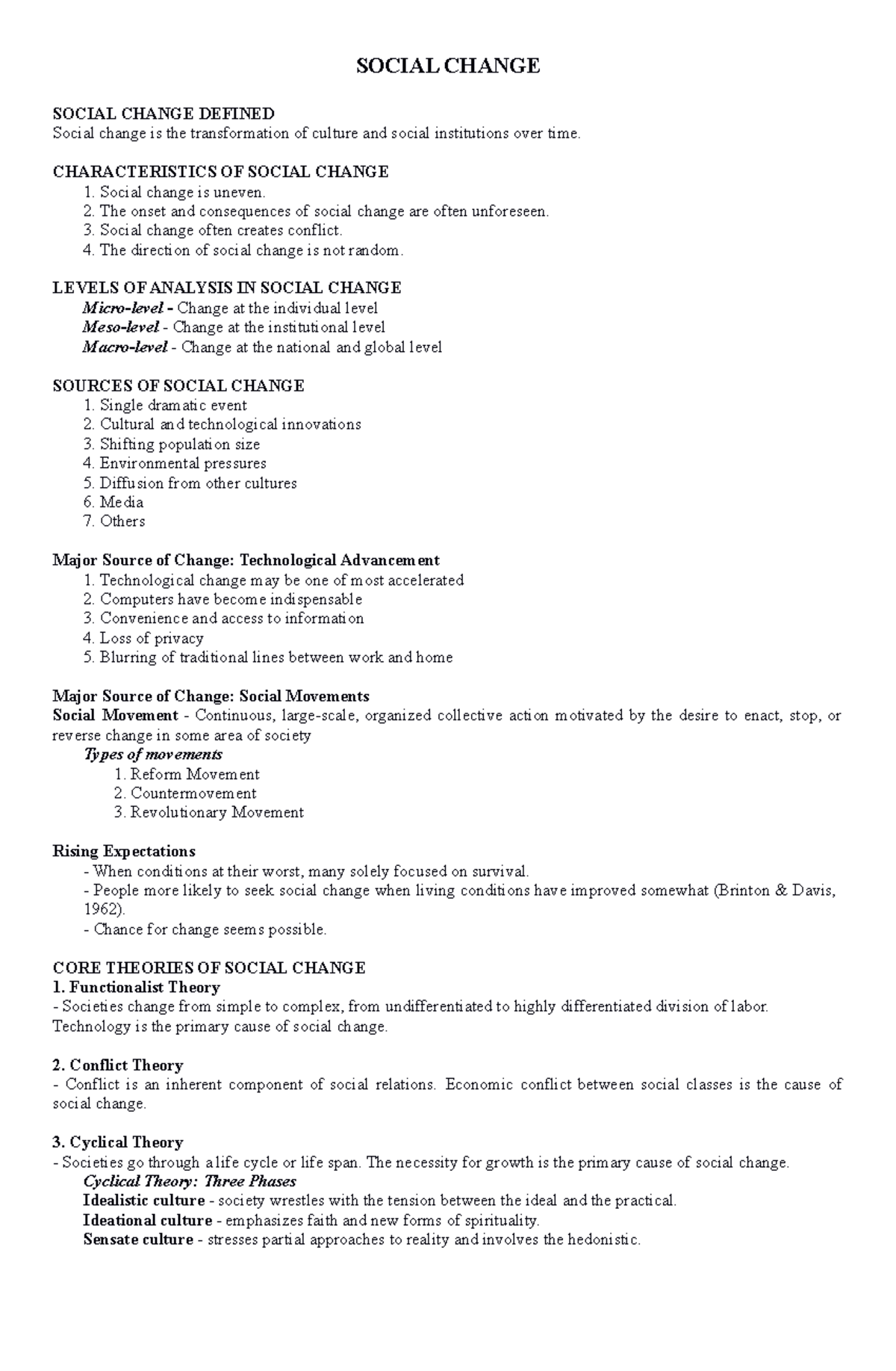 Social Change - Lecture notes - SOCIAL CHANGE SOCIAL CHANGE DEFINED ...