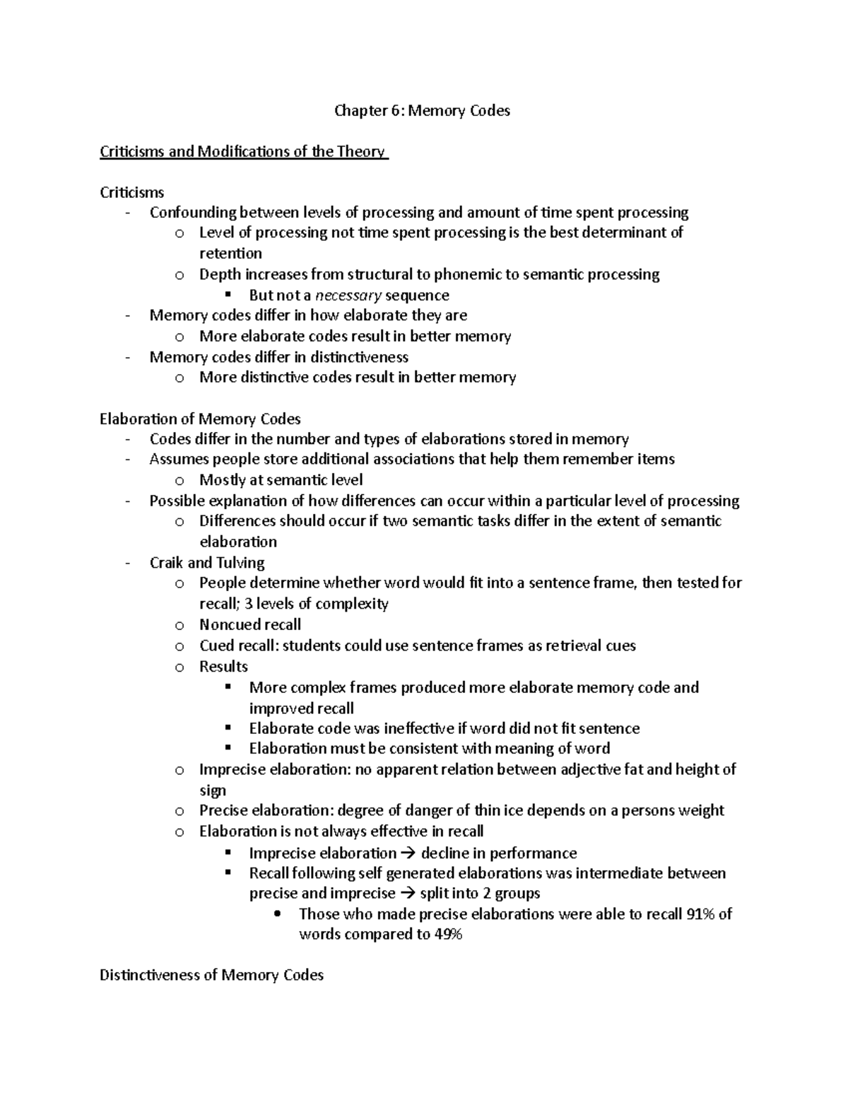 Chapter 6 Notes - Chapter 6: Memory Codes Criticisms and Modifications ...
