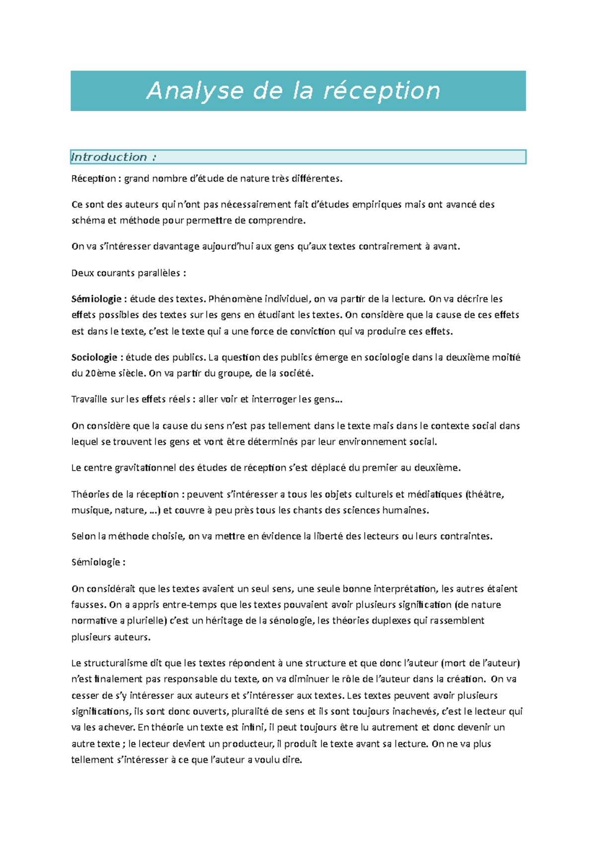 Analyse de la réception - Analyse de la réception Introduction ...