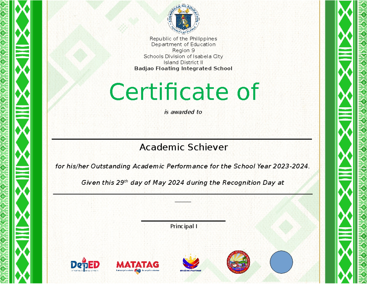 Academic Achiever Cert - Republic of the Philippines Department of ...
