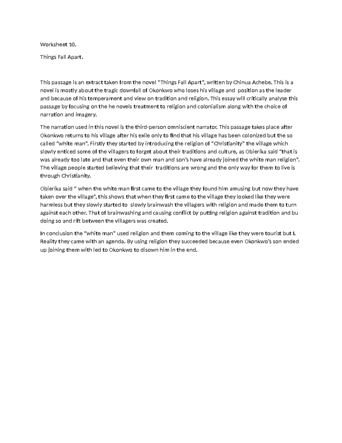 Worksheet 10 - Worksheet 10. Things Fall Apart. This passage is an ...