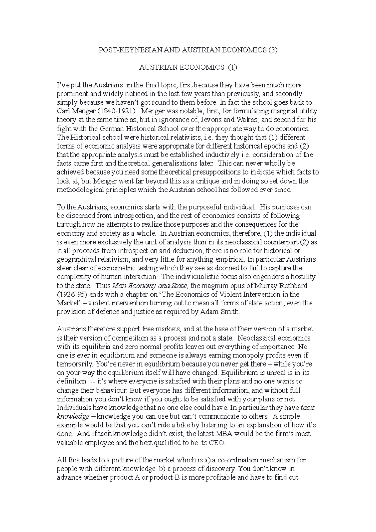 Handout 21 - Lecture notes 21 - POST-KEYNESIAN AND AUSTRIAN ECONOMICS ...