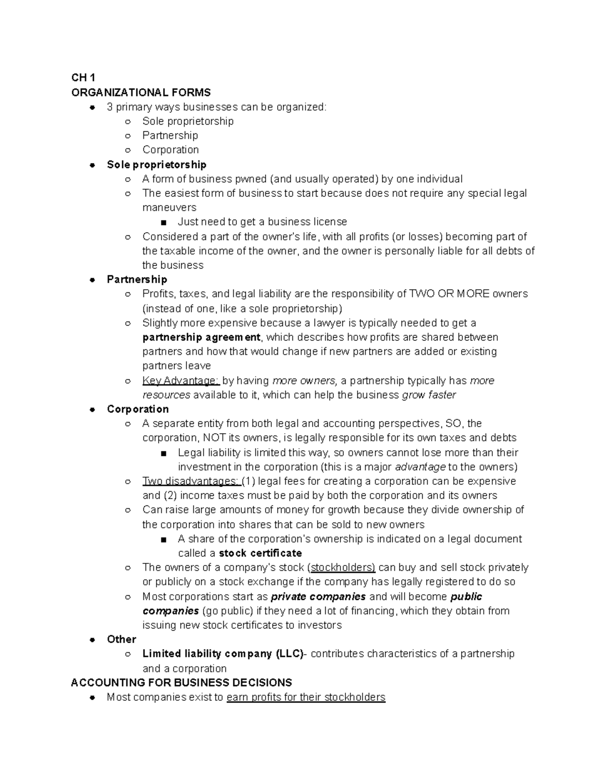 ACCT 2010 CH 1 - Professor: Emily McCorkle - CH 1 ORGANIZATIONAL FORMS ...