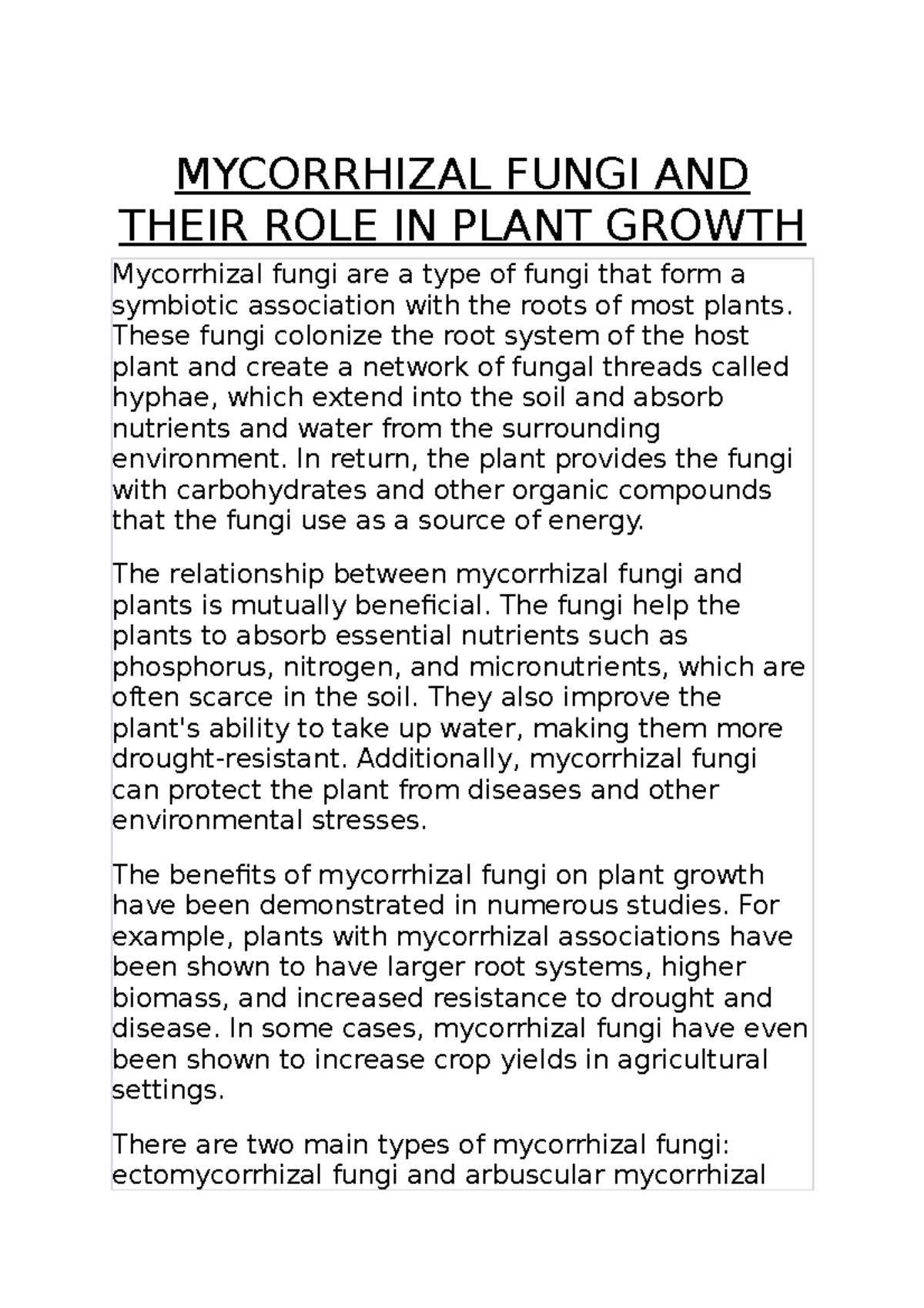 Mycorrhizal Fungi AND Their ROLE IN Plant Growth - MYCORRHIZAL FUNGI ...