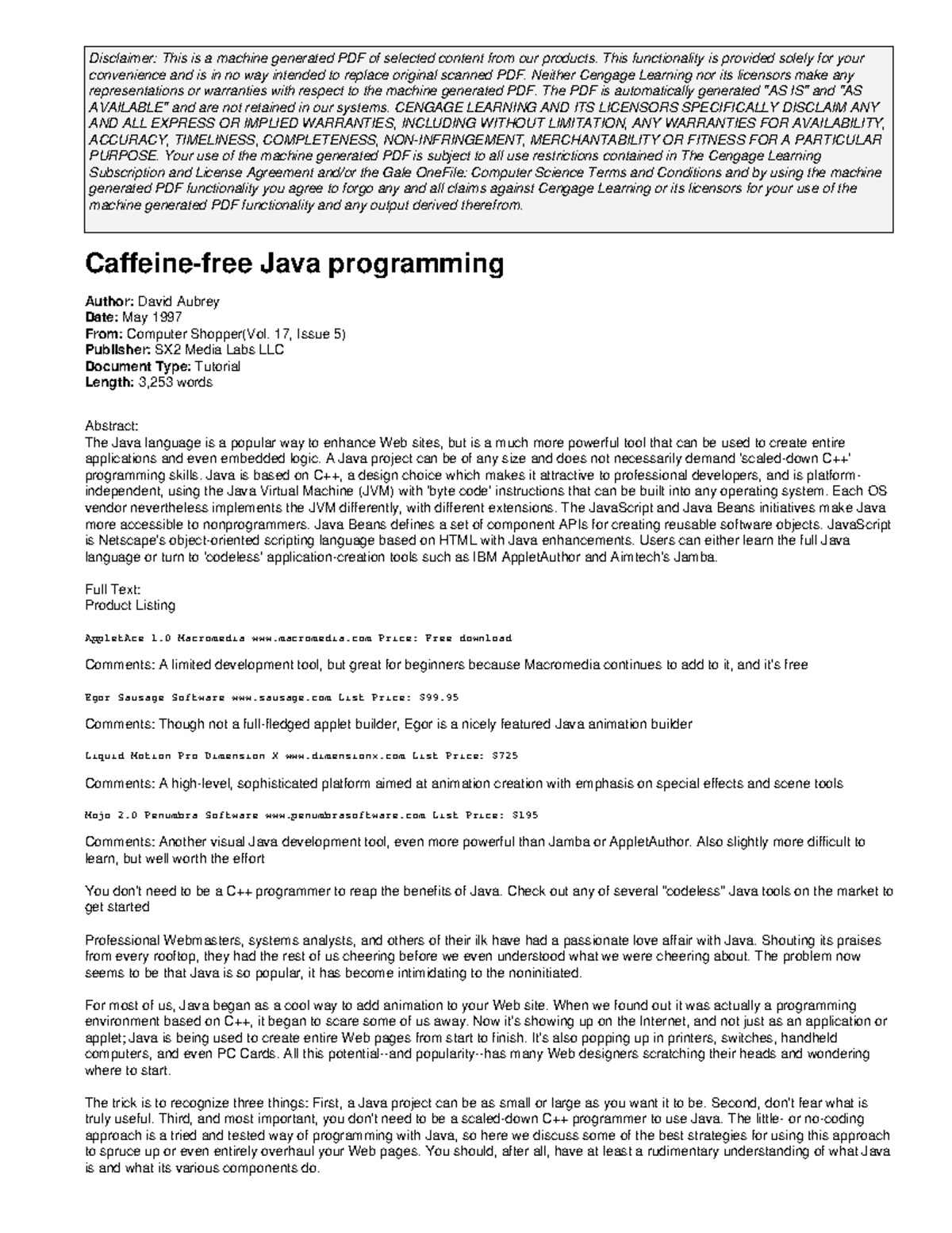 Caffeinefree Java programming - Disclaimer: This is a machine generated ...