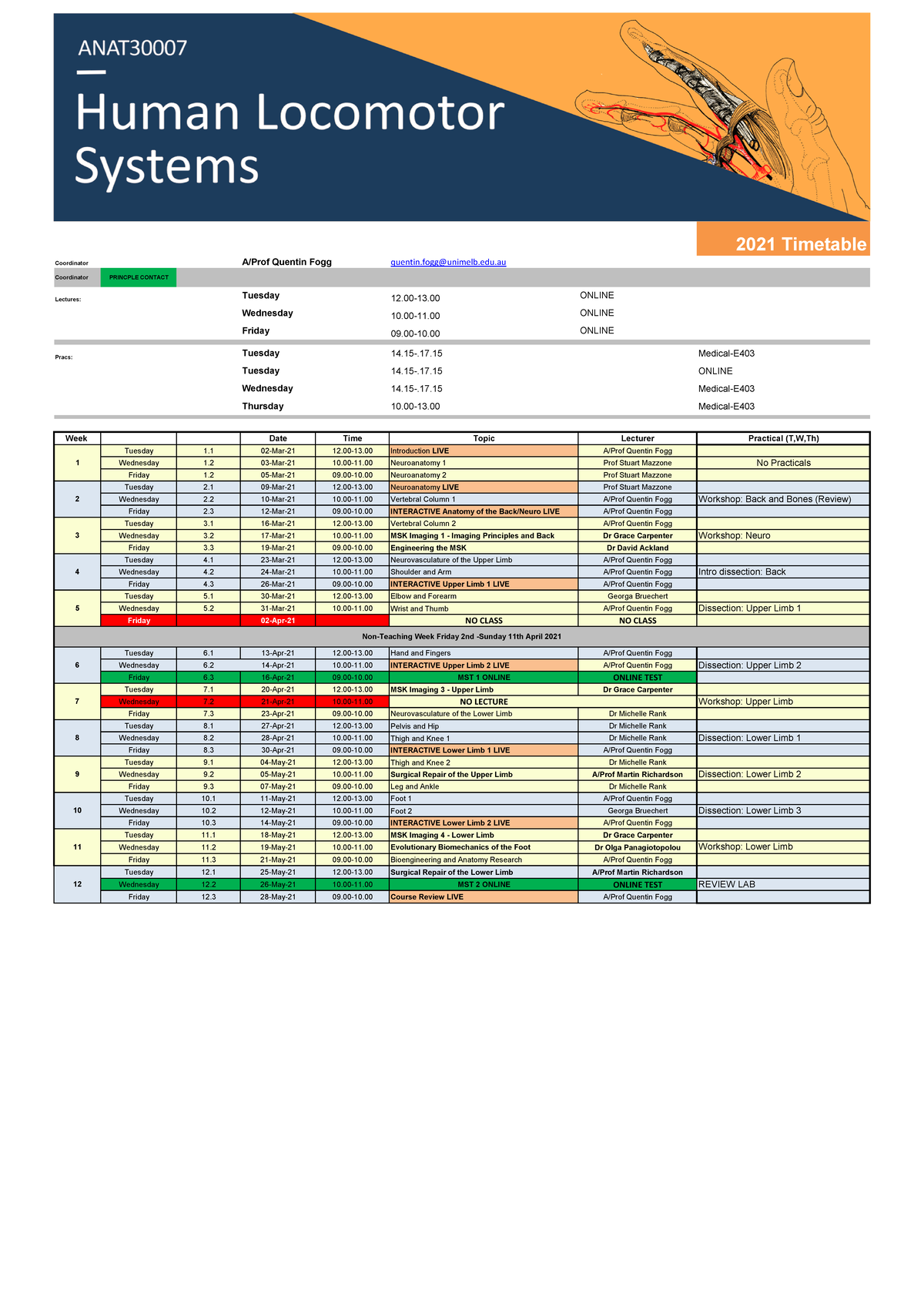 ANAT30007 timetable 2021 v3 - 2021 Timetable Coordinator A/Prof Quentin ...