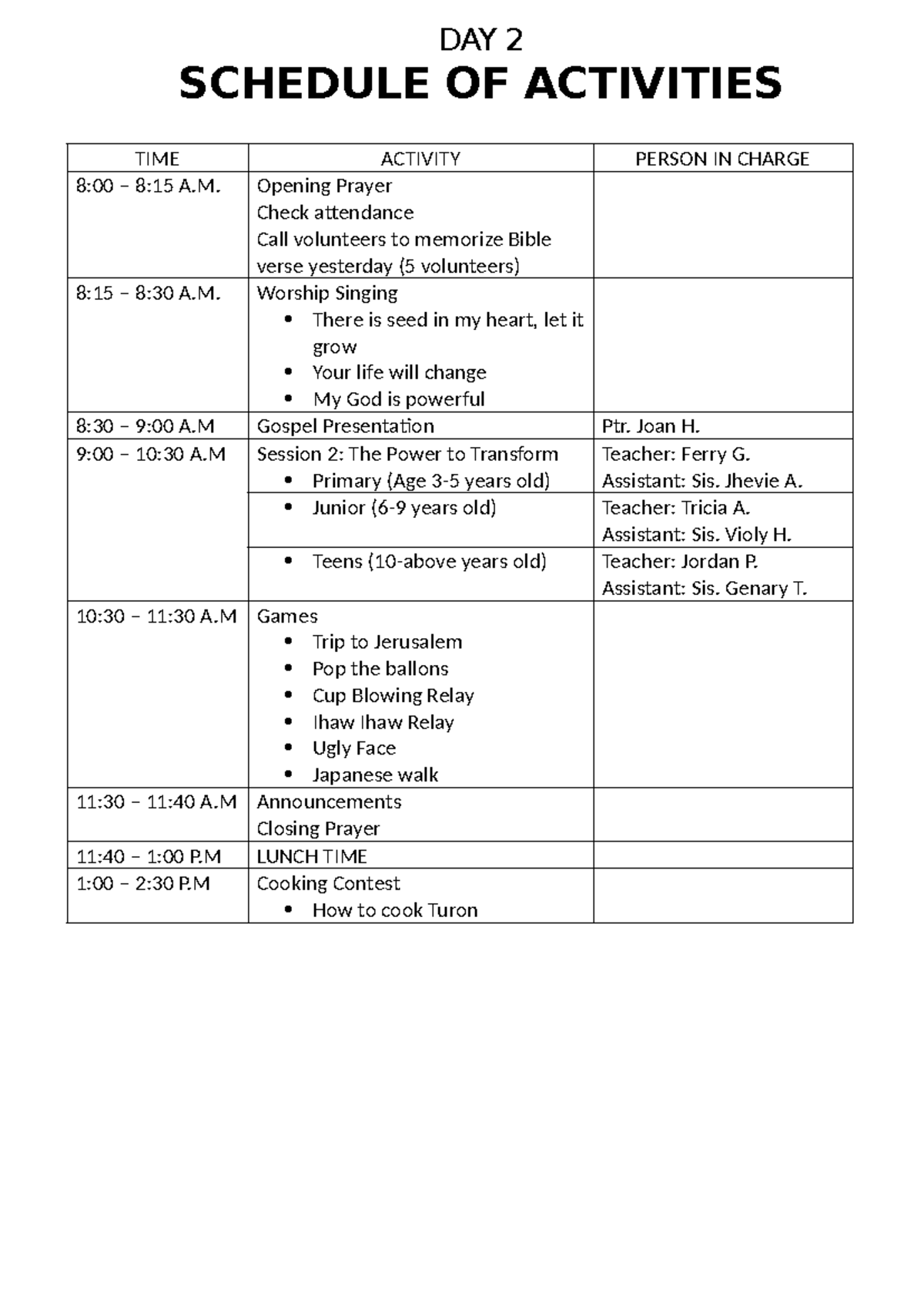 DAY 2 Schedule - vbs material - DAY 2 SCHEDULE OF ACTIVITIES TIME ...