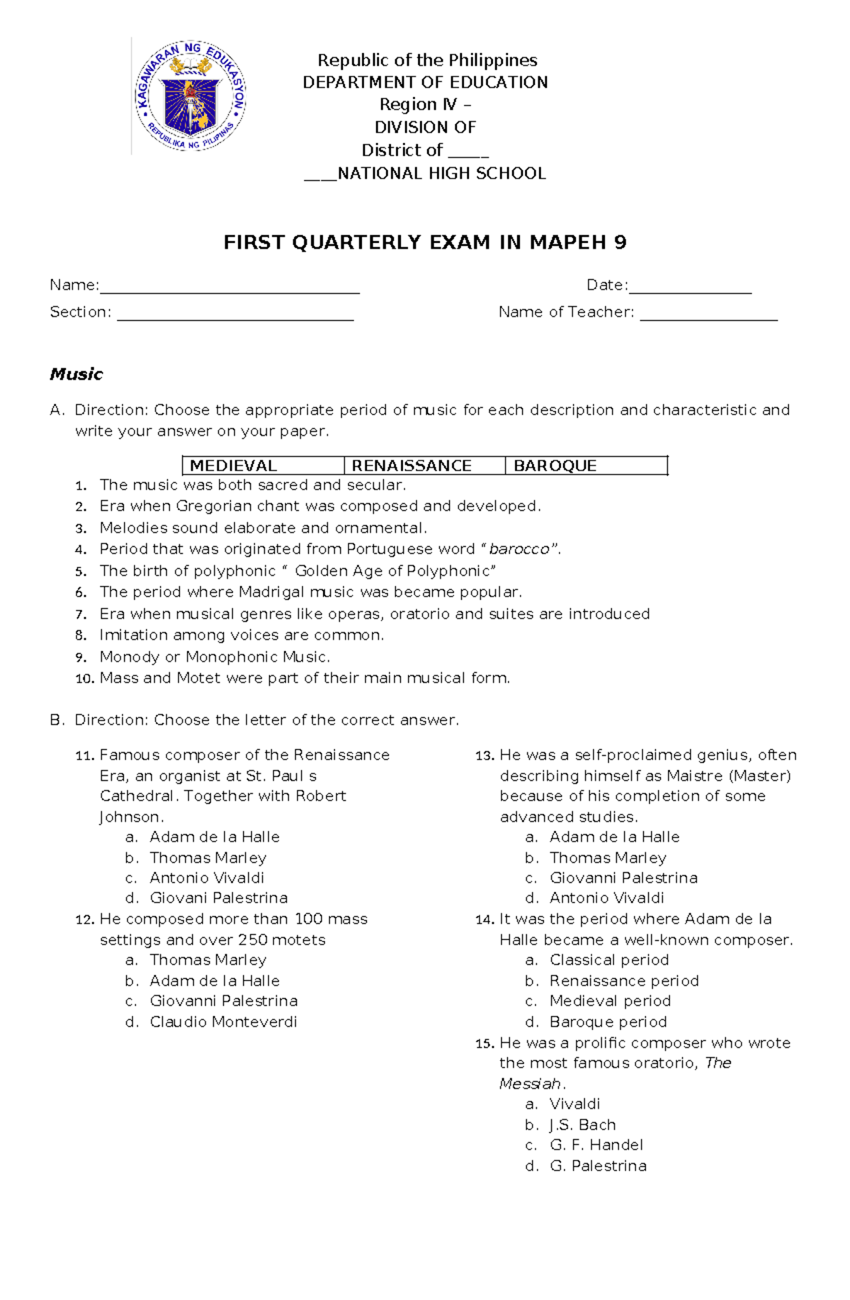 1st Quarter Exam with TOS - Republic of the Philippines DEPARTMENT OF ...