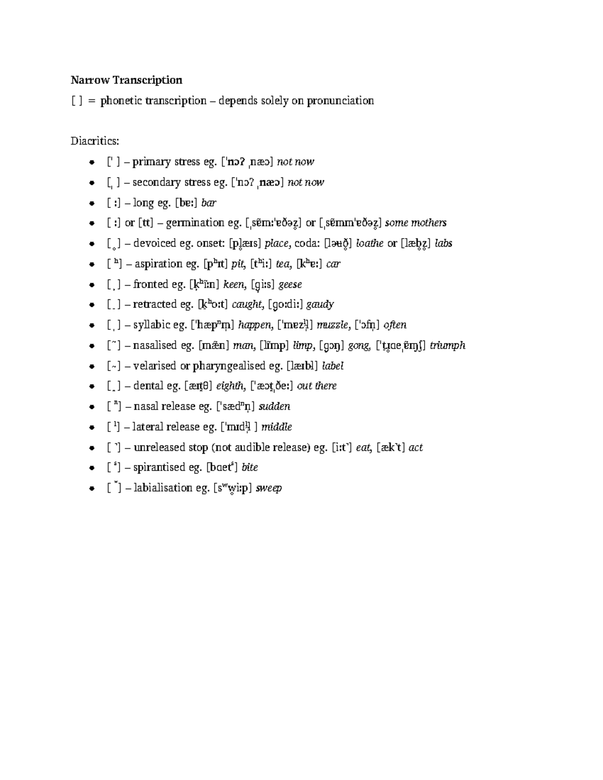 LING2217 - Narrow Transcription Rules - Narrow Transcription ...