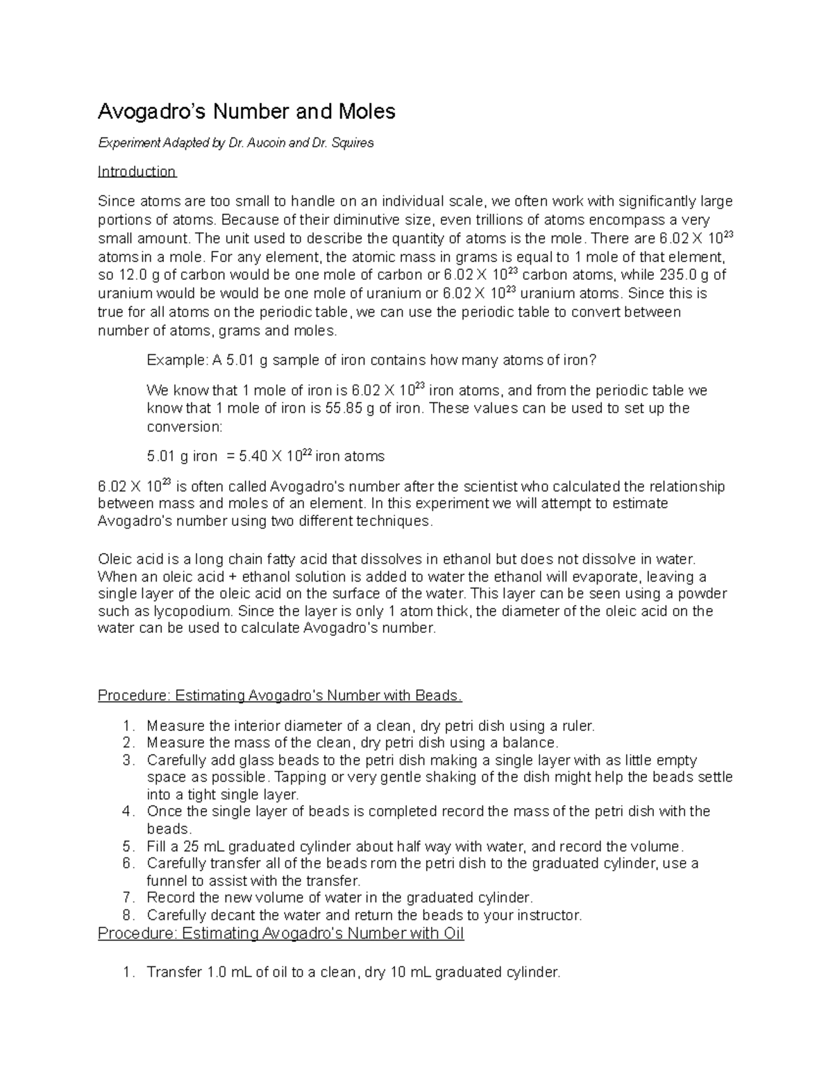 Experiment 5 - Protocol - Moles - Revised - Avogadro’s Number and Moles ...