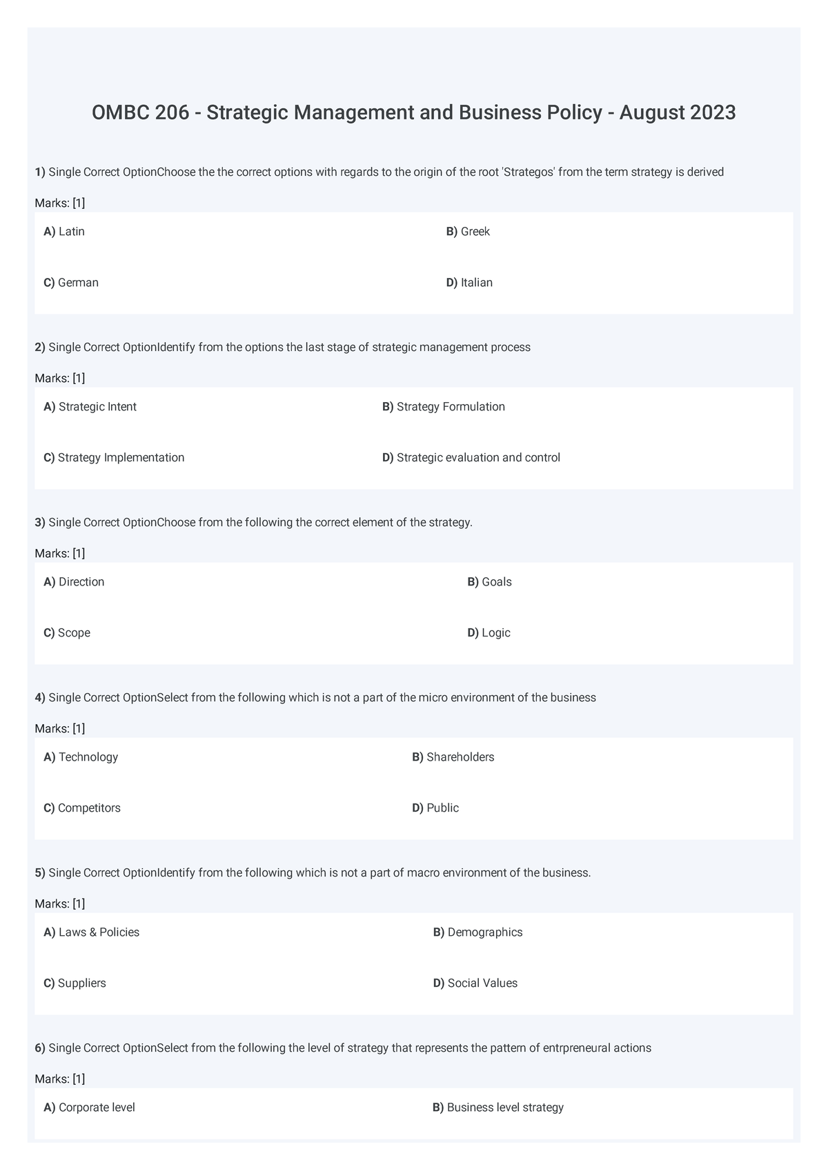 QP OMBC 206 - Strategic Management and Business Policy - August 2023 ...