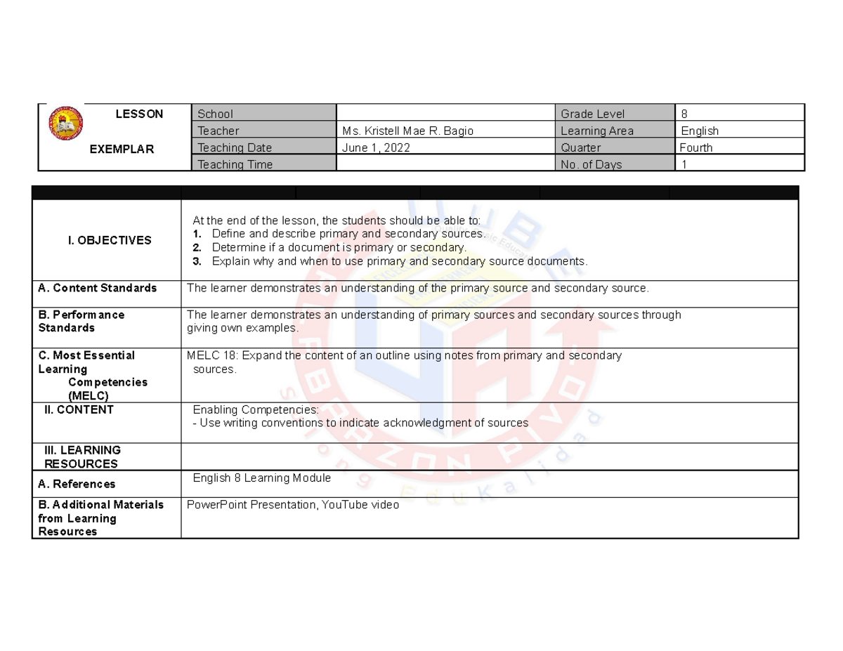 Bagio, Kristellmae Exemplar - LESSON EXEMPLAR School Grade Level 8 ...