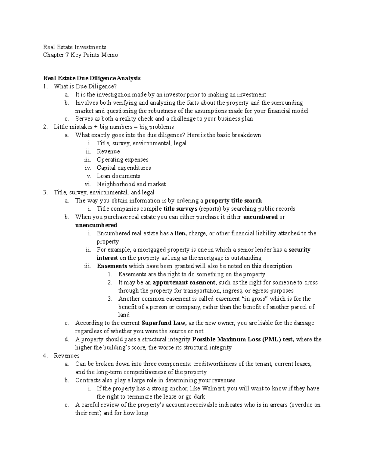 Key Point Memo Chapter 7 - Real Estate Investments Chapter 7 Key Points ...