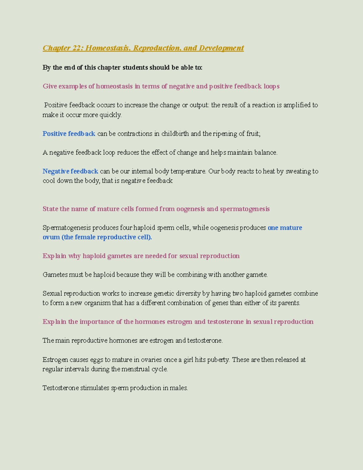 Chapter 22 Homeostasis, Reproduction, and Development - Chapter 22: Homeostasis, Reproduction ...