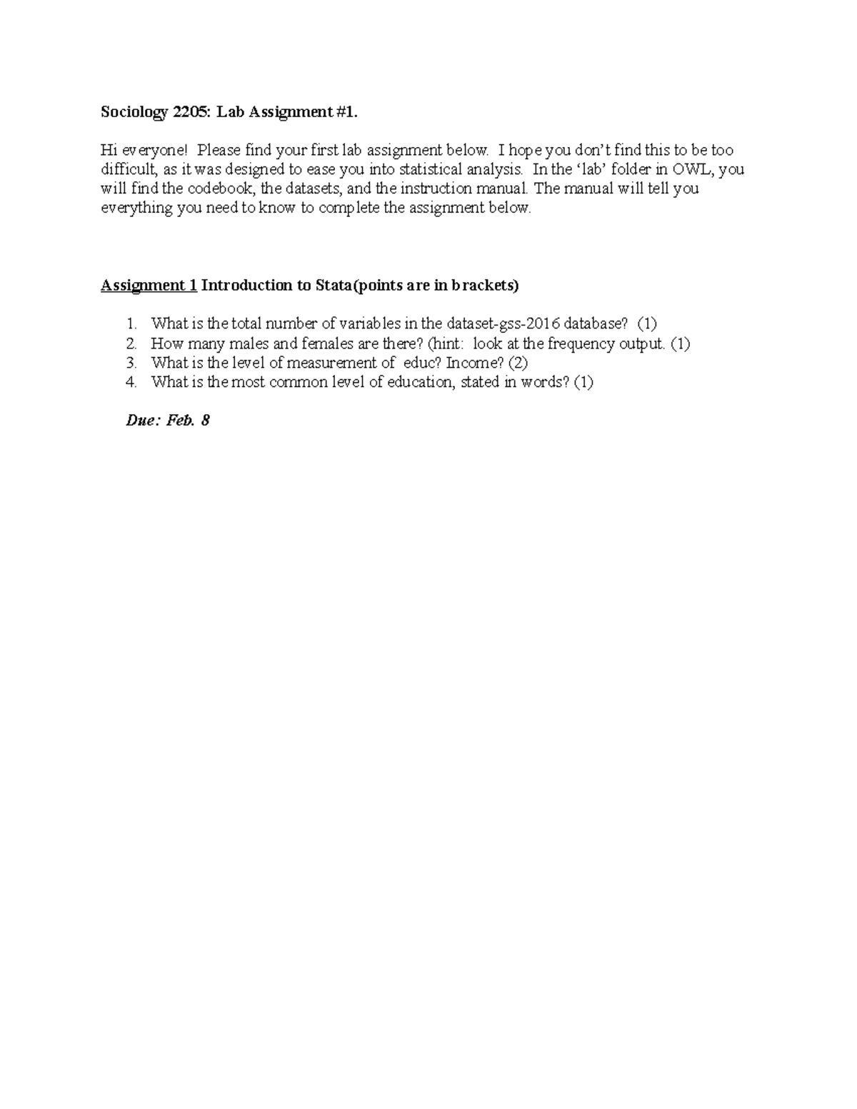Sociology 2205 Lab 1 - Example outline - Sociology 2205: Lab Assignment ...