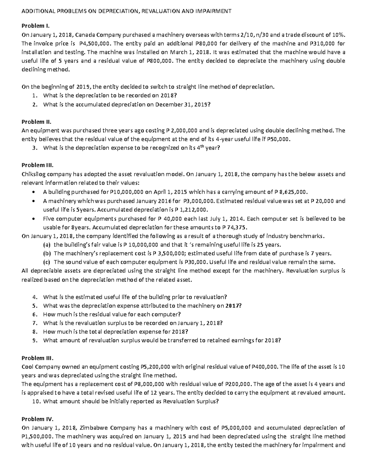 Pdfcoffee - For you - ADDITIONAL PROBLEMS ON DEPRECIATION, REVALUATION AND IMPAIRMENT Problem I ...