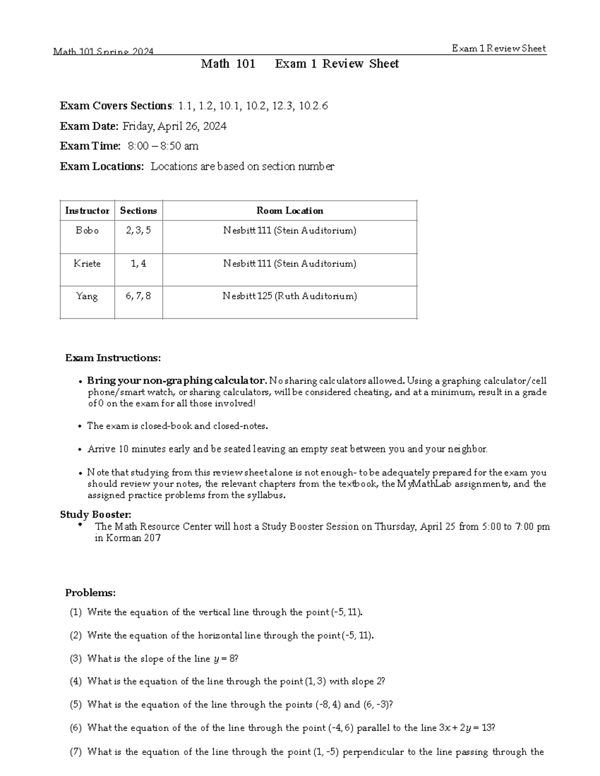 Math101 Review Exam1 Students Sp '24 - Math 101 Exam 1 Review Sheet Exam Covers Sections: 1, 1 ...
