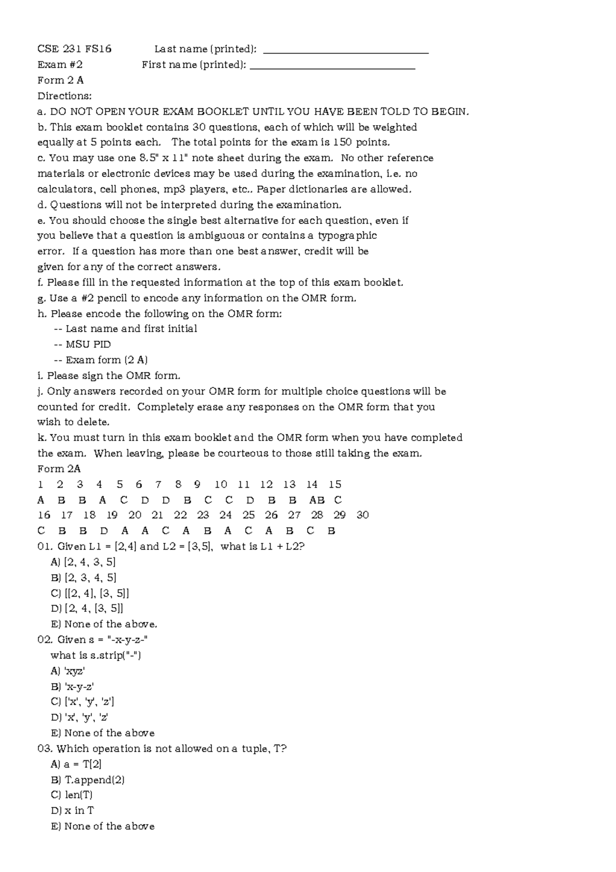 110412280801 2Exam2a-16f-Enbody - CSE 231 FS16 Last name (printed ...
