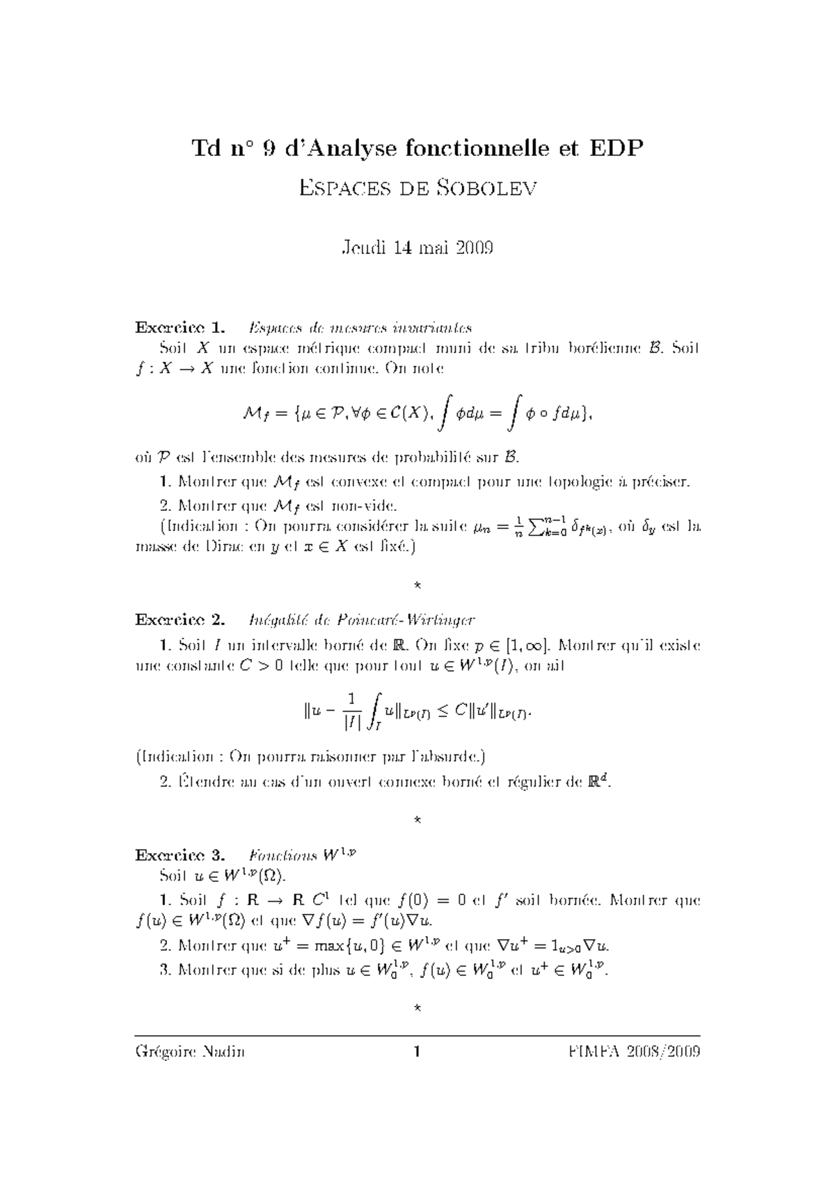 Td n 9 d’Analyse fonctionnelle et EDP - Td n 9 d'Analyse fonctionnelle et EDP Espaces de Sobolev ...