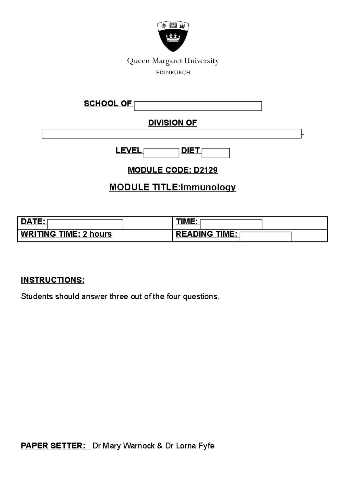 D2129 sample paper - Immunology exam prep and revision and practice ...