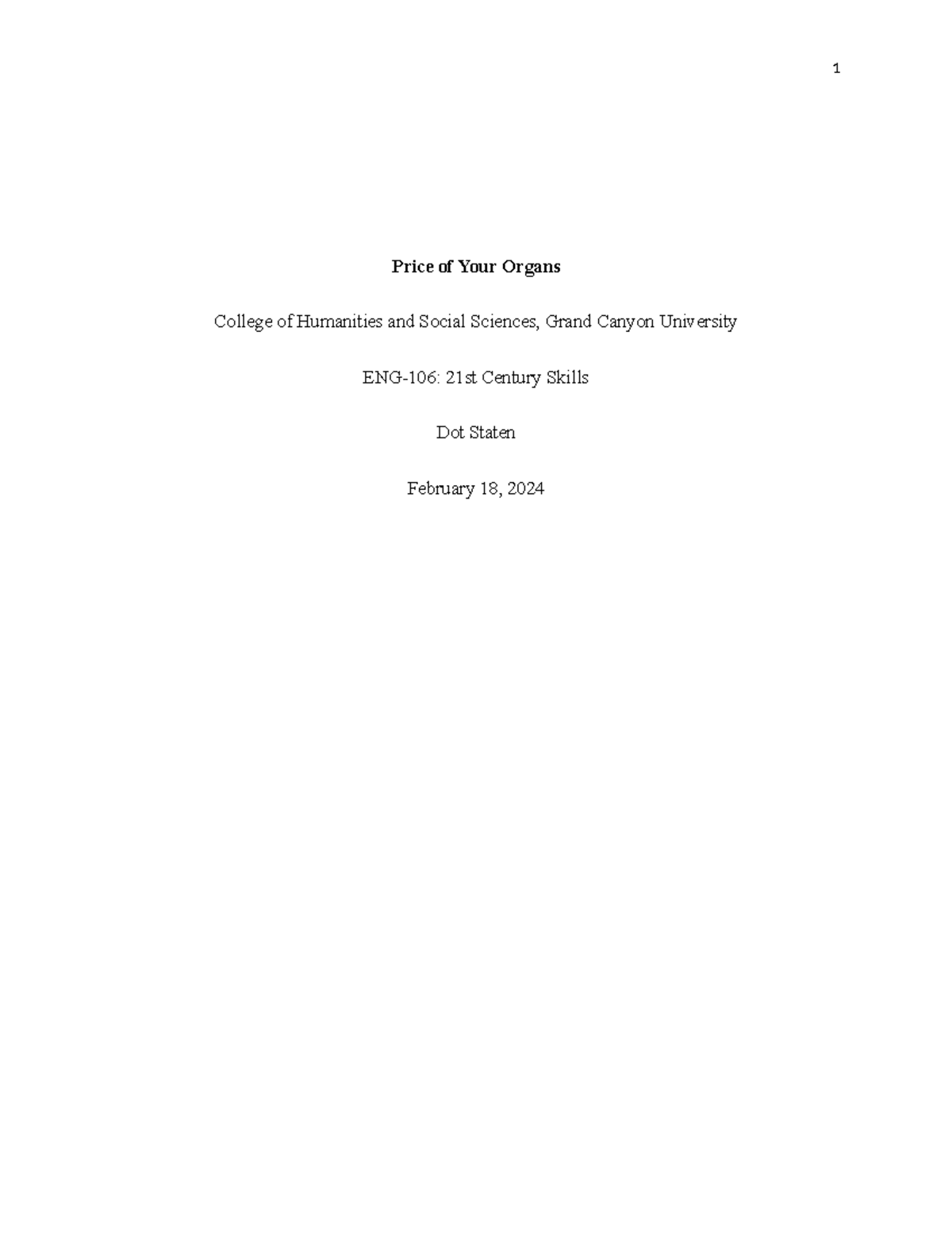 Definitonal Essay - Price of Your Organs College of Humanities and ...