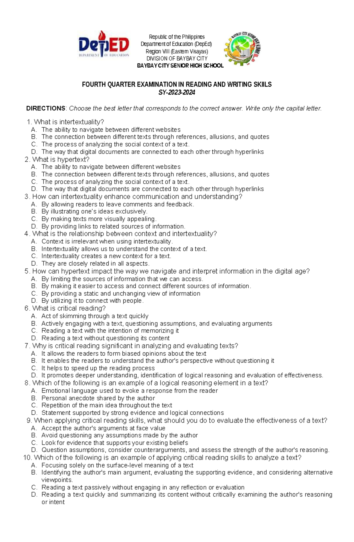 Fourth Quarter Examination R &W - Republic of the Philippines ...