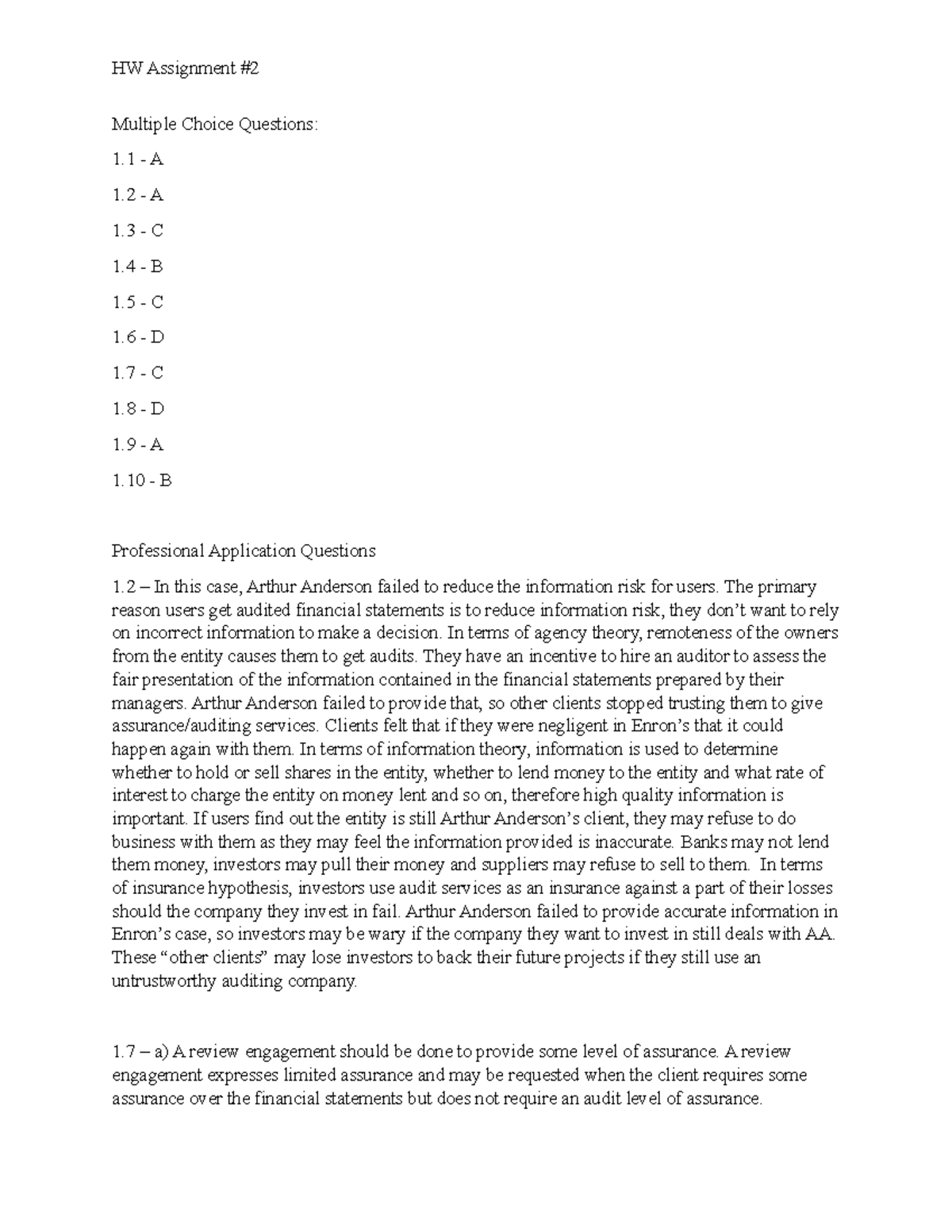 auditing homework Assignment 2 - Multiple Choice Questions: 1 - A 1 - A ...
