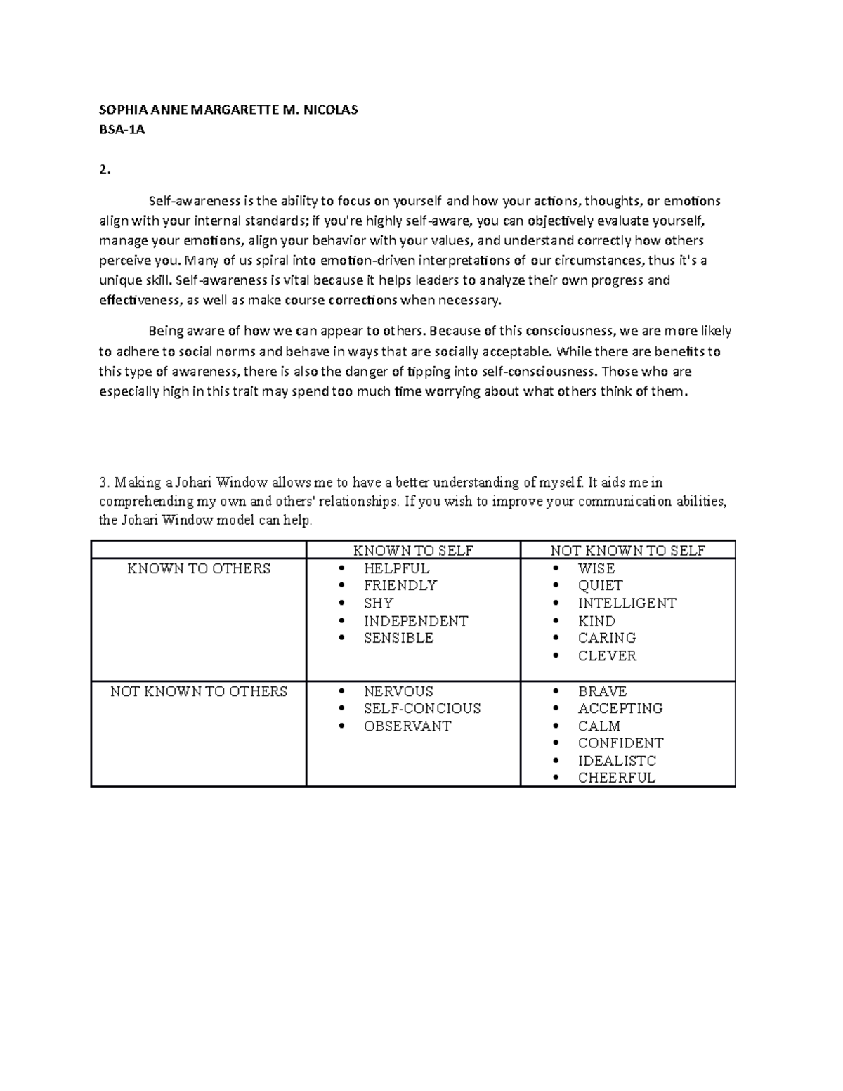 Johari - NOTES - SOPHIA ANNE MARGARETTE M. NICOLAS BSA-1A 2. Self ...
