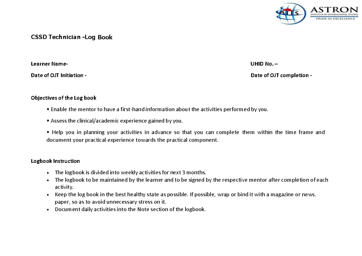 OJT Logbook - CSSD (1) (1)-1 - Learner Name- UHID No. – Date of OJT ...
